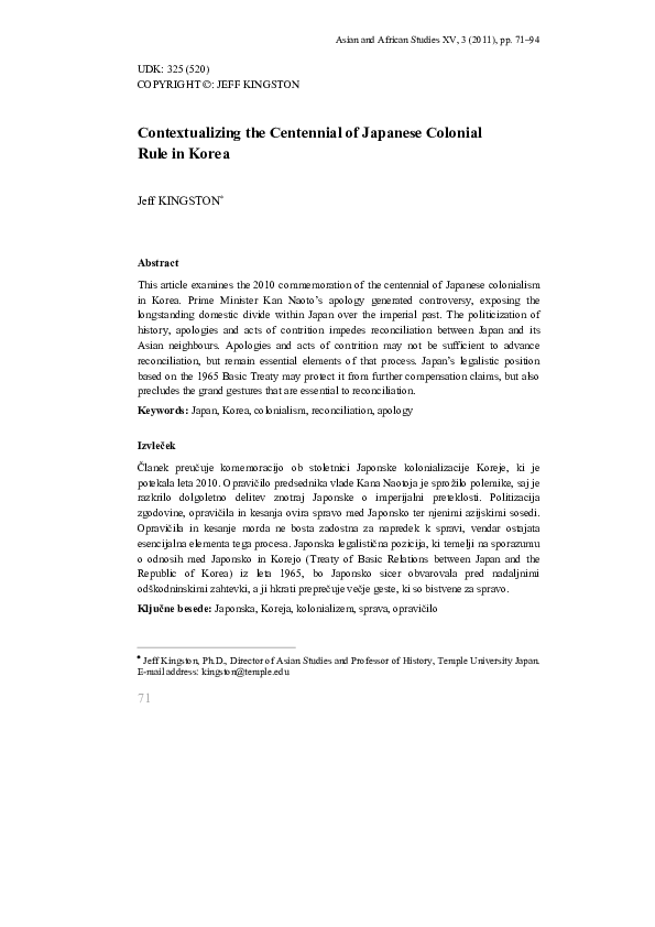 (PDF) Contextualizing the Centennial of Japanese Colonial Rule in Korea