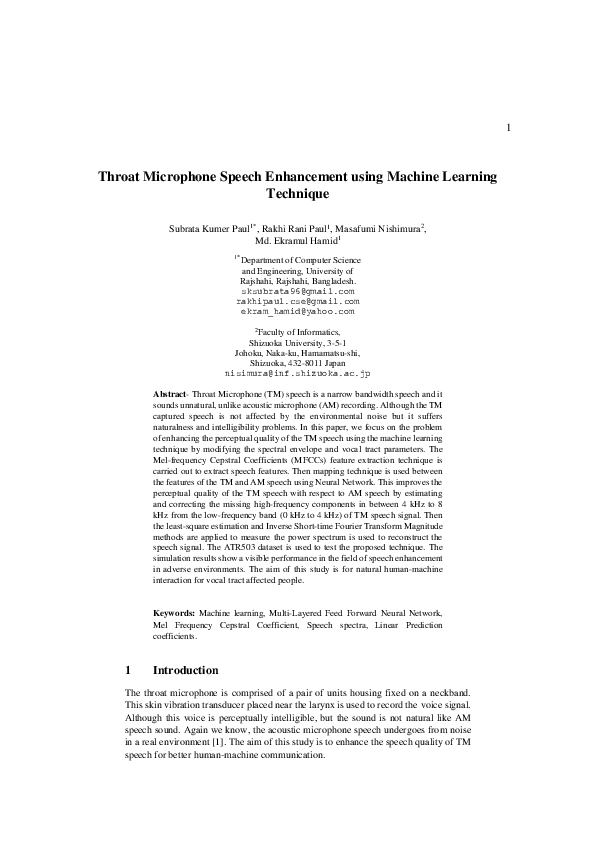 (PDF) Throat Microphone Speech Enhancement using Machine Learning Technique