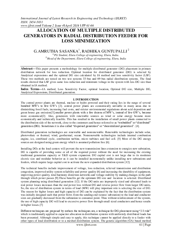 (PDF) Allocation of Multiple Distributed Generators in Radial Distribution Feeder for Loss ...