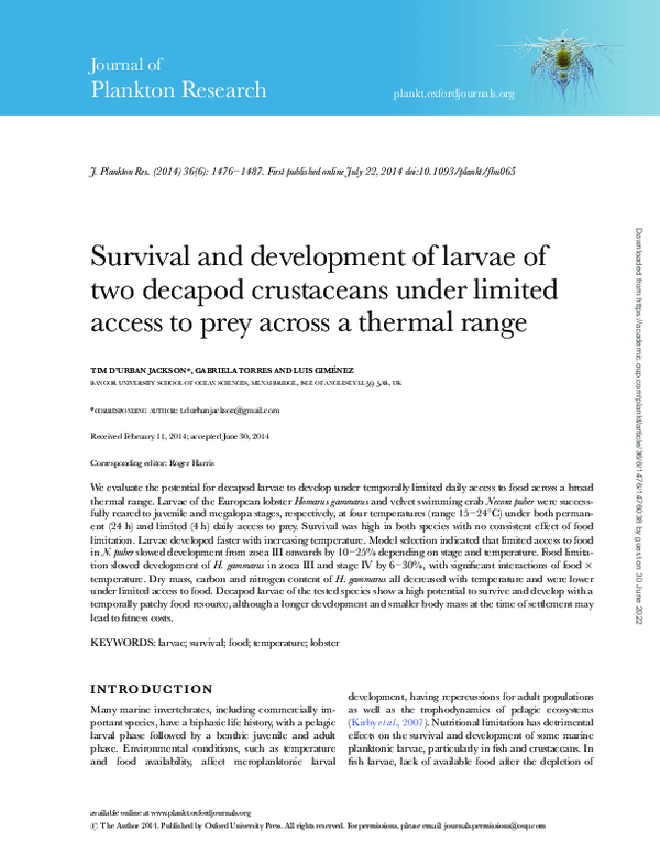 (PDF) Survival and development of larvae of two decapod crustaceans ...