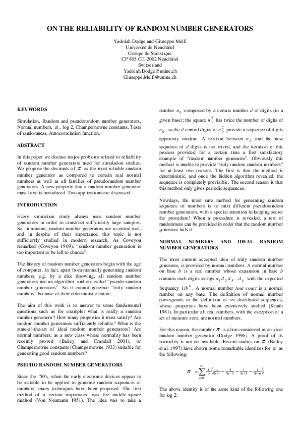 (PDF) On the Reliability of Random Number Generators