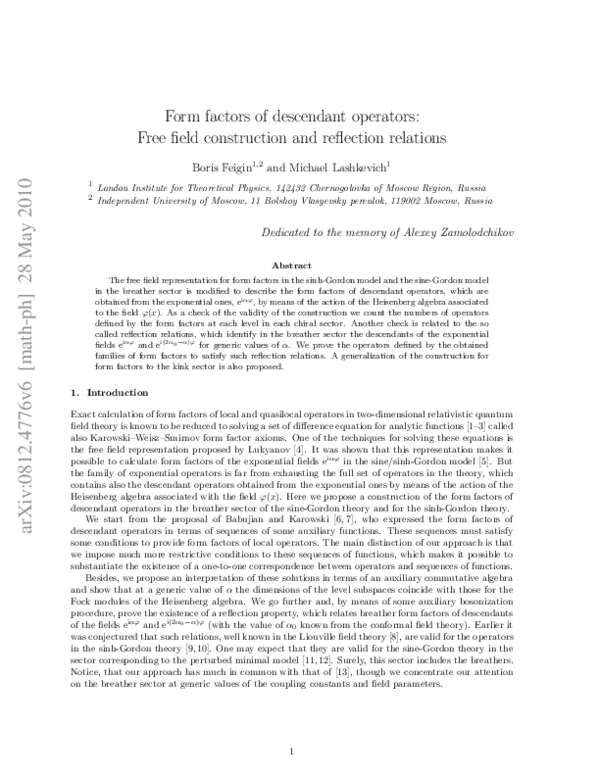 (PDF) Form factors of descendant operators: Free field construction and reflection relations