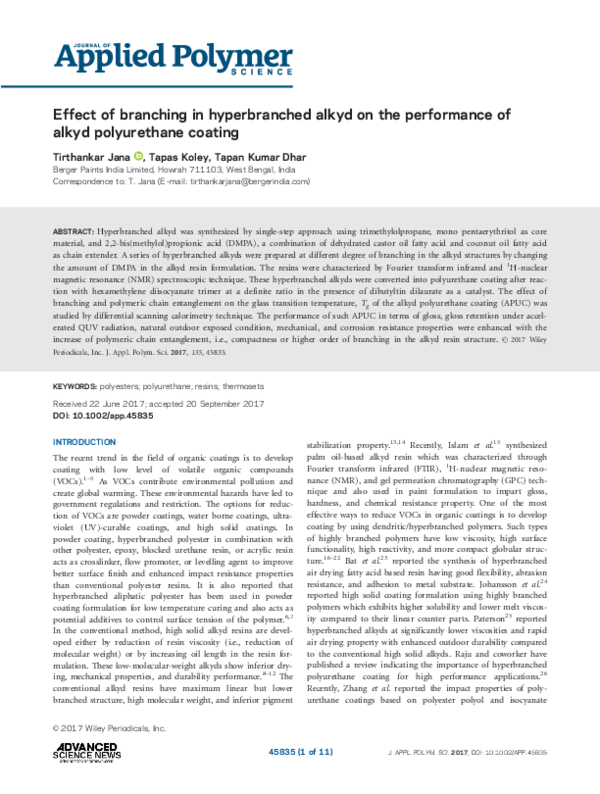 (PDF) Effect of branching in hyperbranched alkyd on the performance of alkyd polyurethane coating