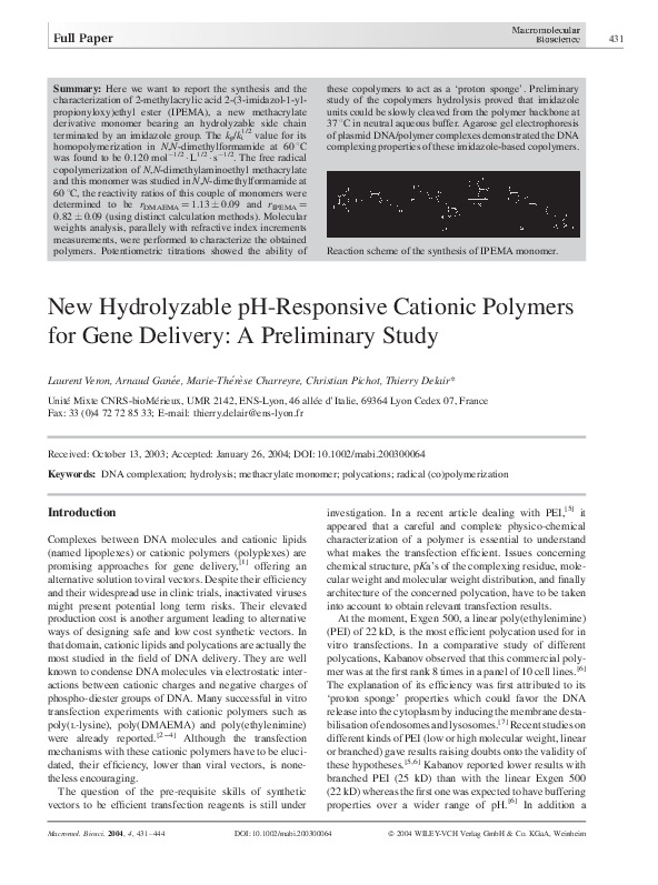 (PDF) New Hydrolyzable pH-Responsive Cationic Polymers for Gene ...