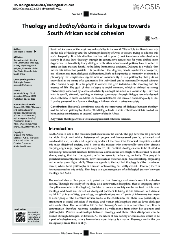 (PDF) Theology and botho/ubuntu in dialogue towards South African ...