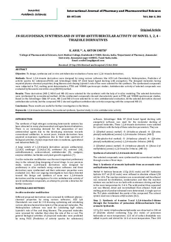 (PDF) In-Silico Design, Synthesis and in Vitro Antitubercular Activity of Novel 1, 2, 4 ...