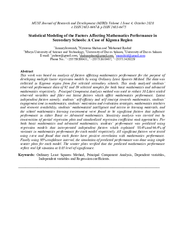 Pdf Statistical Modeling Of The Factors Affecting Mathematics Performance In Secondary Schools