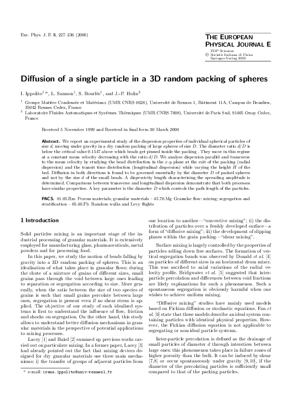 (PDF) Diffusion of a single particle in a 3D random packing of spheres