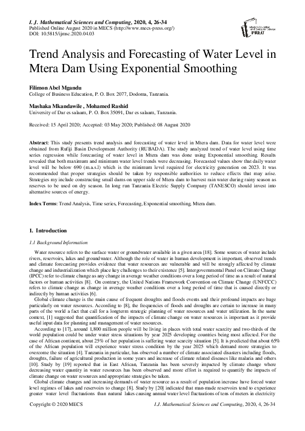 (PDF) Trend Analysis and Forecasting of Water Level in Mtera Dam Using ...