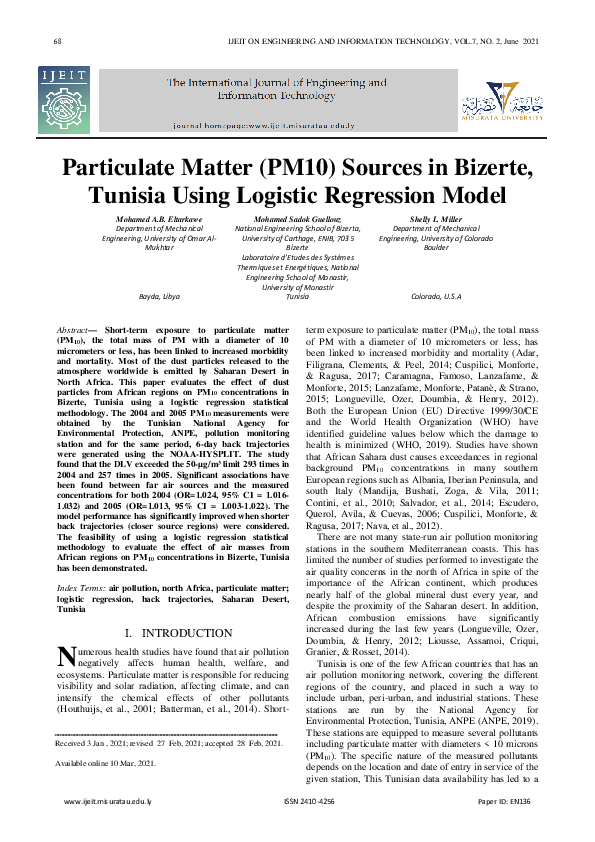 (PDF) Particulate Matter (PM10) Sources in Bizerte, Tunisia Using ...