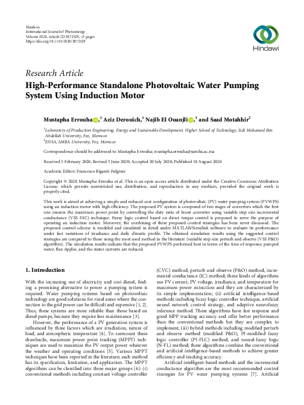 (PDF) High-Performance Standalone Photovoltaic Water Pumping System Using Induction Motor