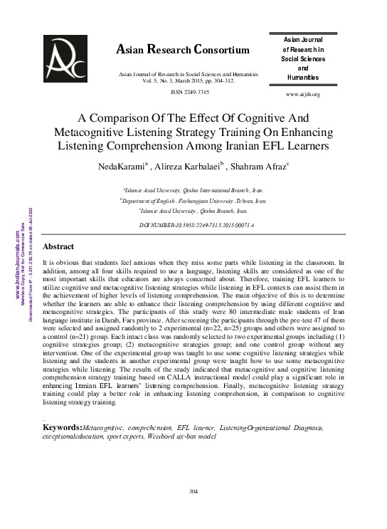 Pdf A Comparison Of The Effect Of Cognitive And Metacognitive Listening Strategy Training On