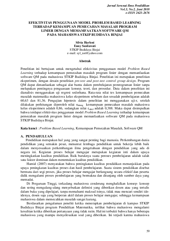 (PDF) Efektivitas Penggunaan Model Problem Based Learning Terhadap Kemampuan Pemecahan Masalah ...