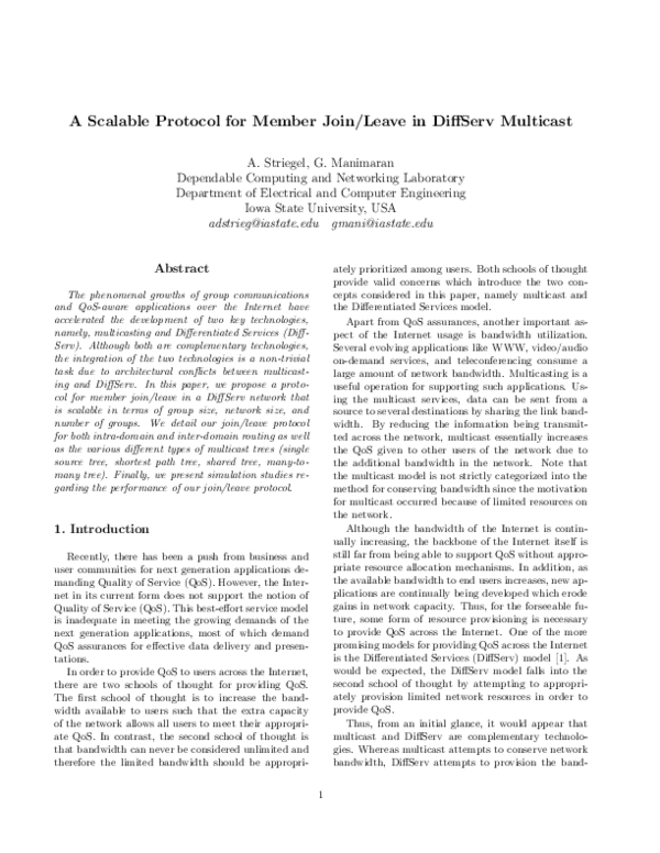 (PDF) A scalable protocol for member join/leave in DiffServ multicast