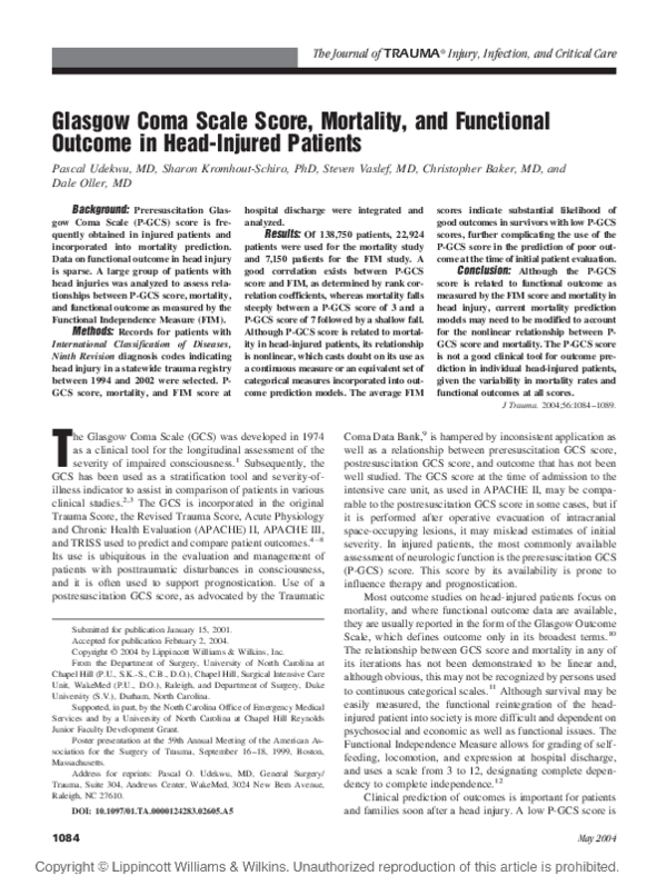 (PDF) Glasgow Coma Scale Score, Mortality, and Functional Outcome in ...