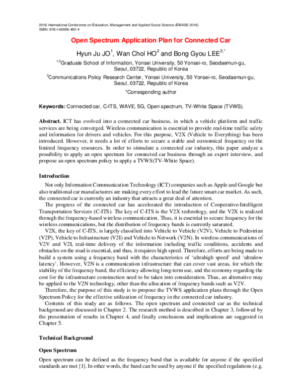 (PDF) Open Spectrum Application Plan for Connected Car