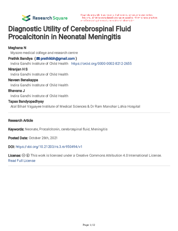 (PDF) Diagnostic Utility of Cerebrospinal Fluid Procalcitonin in Neonatal Meningitis