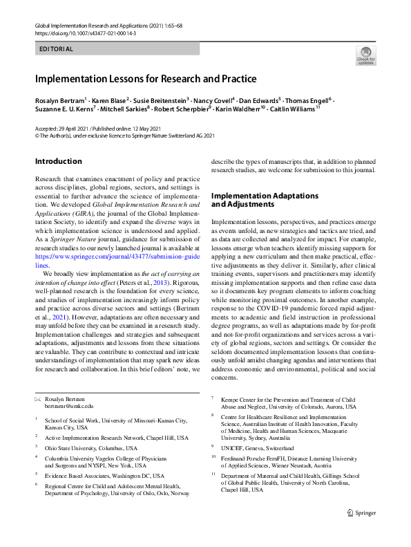 (PDF) Implementation Lessons for Research and Practice