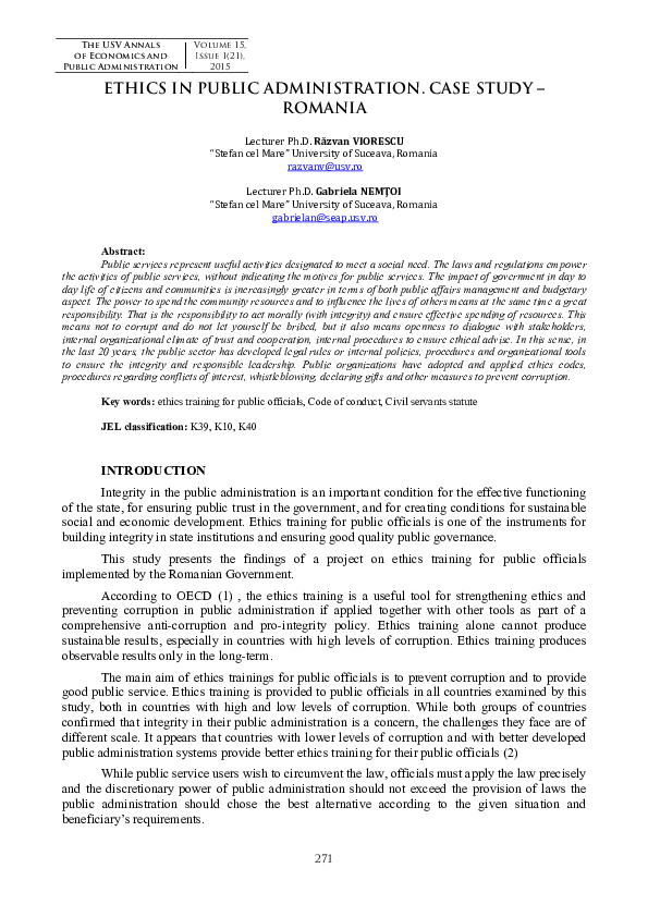 (PDF) Ethics in Public Administration. Case Study – Romania