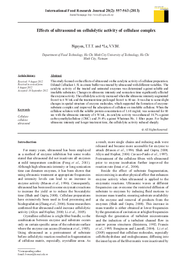 (PDF) Effects of ultrasound on cellulolytic activity of cellulase complex