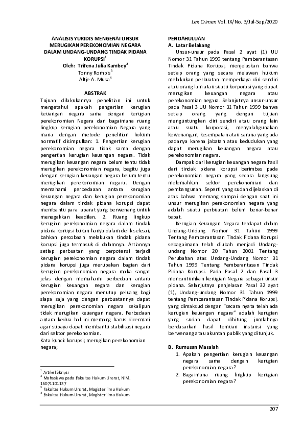 (PDF) Analisis Yuridis Mengenai Unsur Merugikan Perekonomian Negara Dalam Undang-Undang Tindak ...
