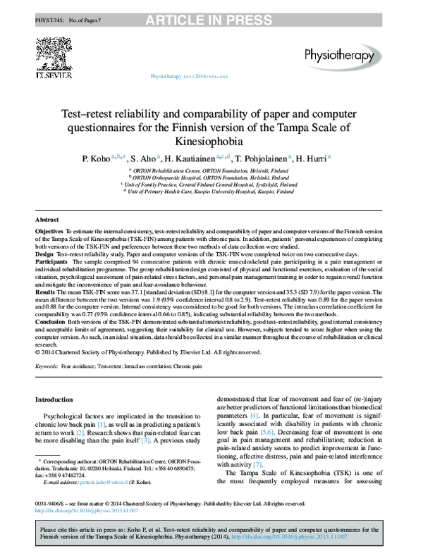 Pdf Test Retest Reliability And Comparability Of Paper And Computer