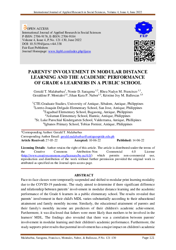 (PDF) Parents’ Involvement in Modular Distance Learning and the ...