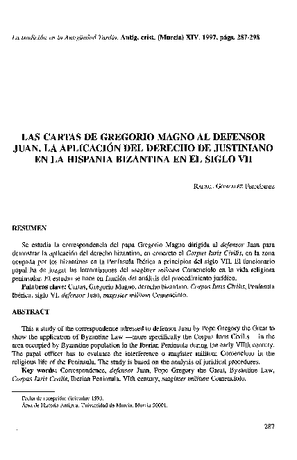 (PDF) LAS CARTAS DE GREGORIO MAGNO AL DEFENSOR JUAN. LA APLICACI~N DEL DERECHO DE JUSTINIANO EN ...
