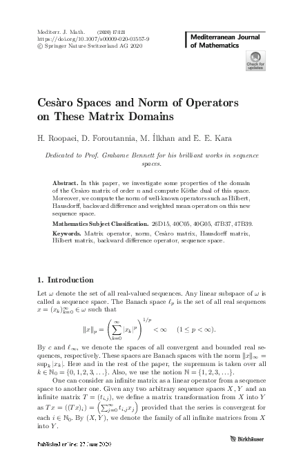 (PDF) Cesàro Spaces and Norm of Operators on These Matrix Domains