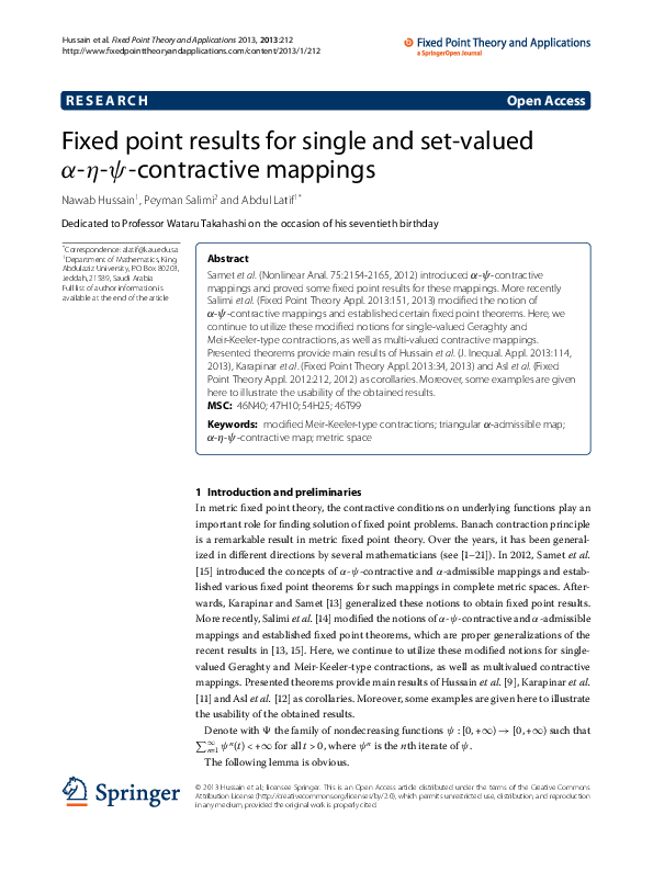 Pdf Fixed Point Results For Single And Set Valued α η ψ Contractive Mappings Abdul Latif