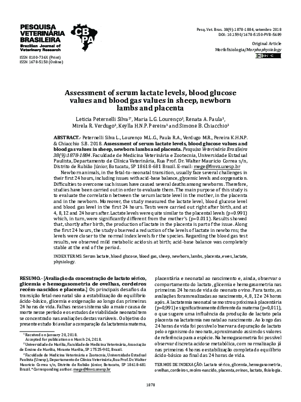 (PDF) Assessment of serum lactate levels, blood glucose values and ...