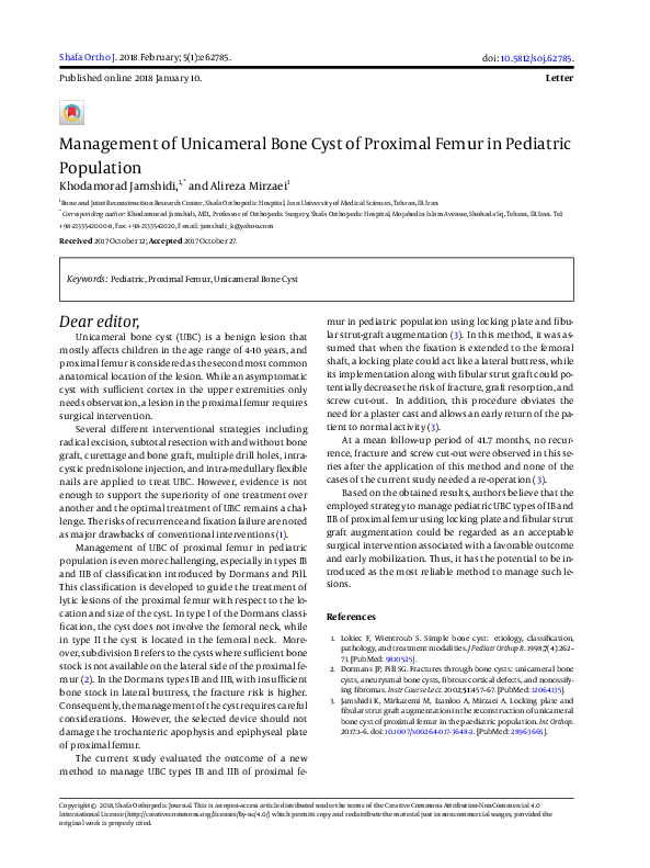 (PDF) Management of Unicameral Bone Cyst of Proximal Femur in Pediatric ...