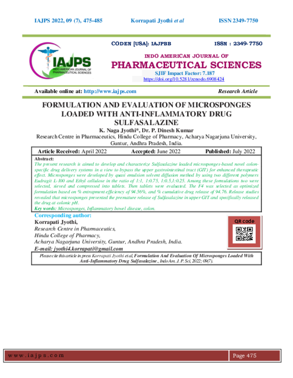 (PDF) FORMULATION AND EVALUATION OF MICROSPONGES LOADED WITH ANTI ...