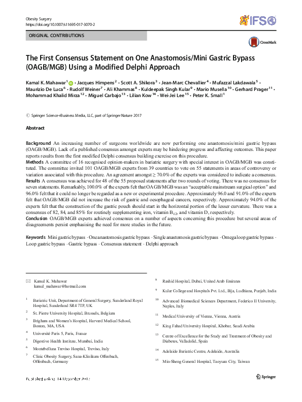 (PDF) The First Consensus Statement on One Anastomosis/Mini Gastric ...