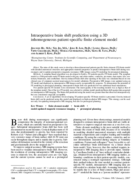(PDF) Intraoperative brain shift prediction using a 3D inhomogeneous patient-specific finite ...
