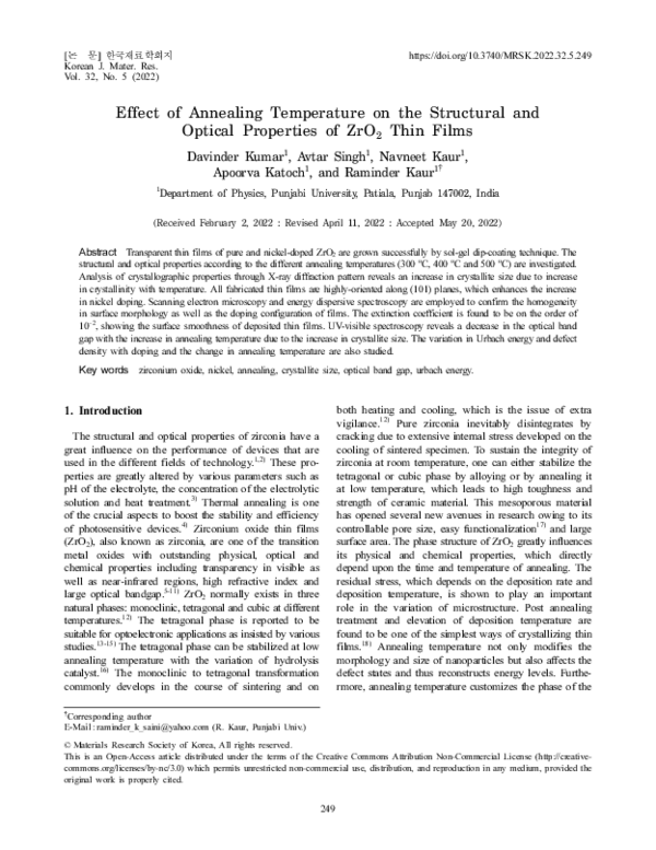 (PDF) Effect of Annealing Temperature on the Structural and Optical Properties of ZrO2 Thin Films