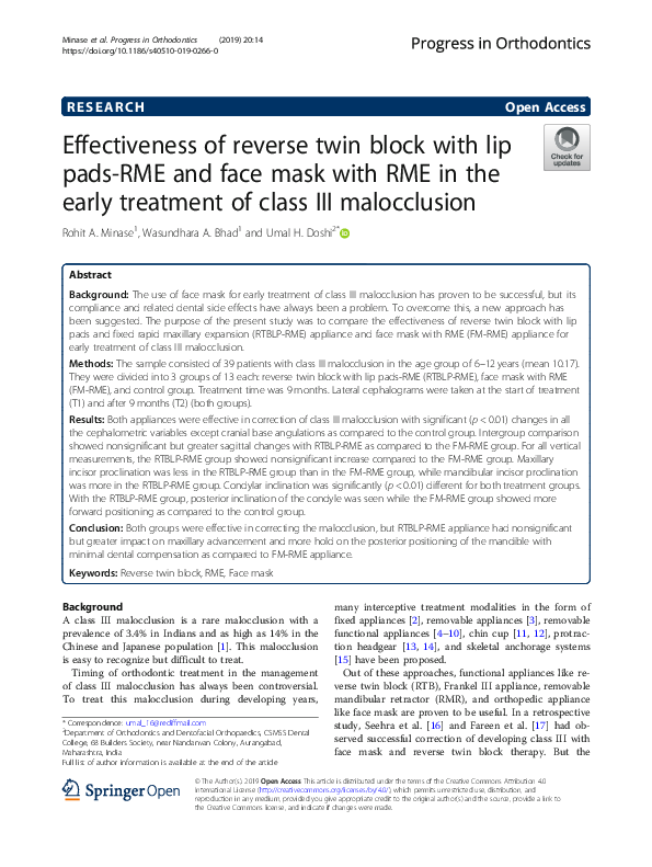 (PDF) Effectiveness of reverse twin block with lip pads-RME and face ...
