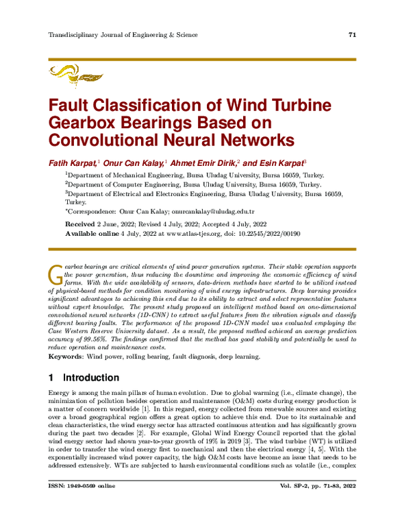 Pdf Fault Classification Of Wind Turbine Gearbox Bearings Based On Convolutional Neural Networks