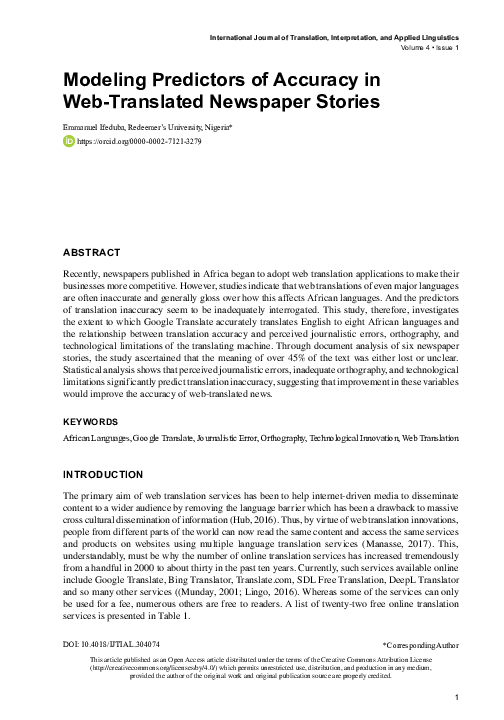 (PDF) Modeling Predictors of Accuracy in Web-Translated Newspaper Stories