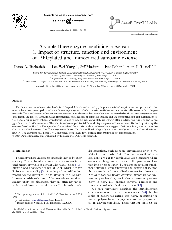 (PDF) A stable three-enzyme creatinine biosensor. 1. Impact of ...