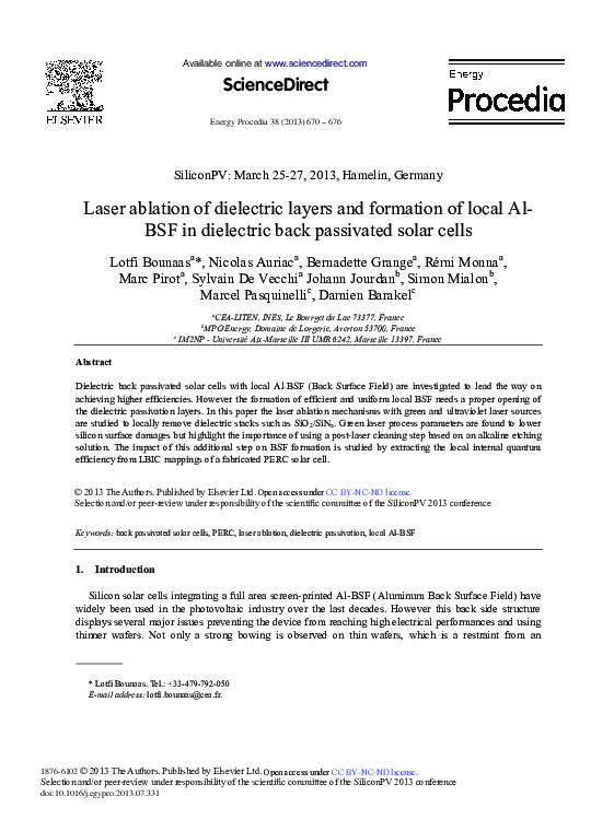 (PDF) Laser Ablation of Dielectric Layers and Formation of Local Al-BSF ...