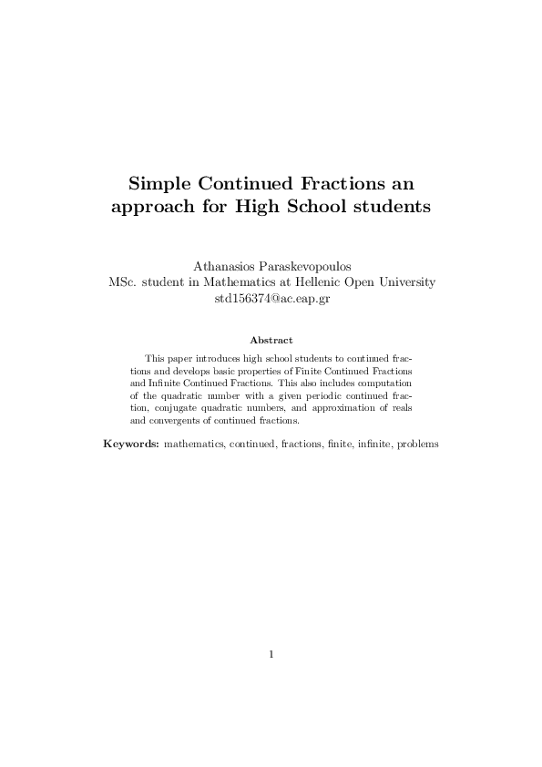 (PDF) Simple Continued Fractions an approach for High School students