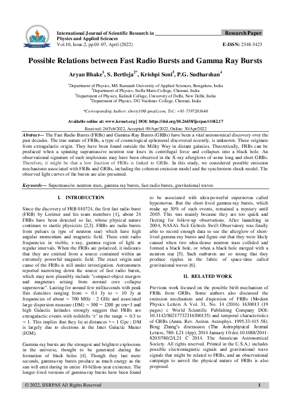 (PDF) Possible Relations between Fast Radio Bursts and Gamma Ray Bursts