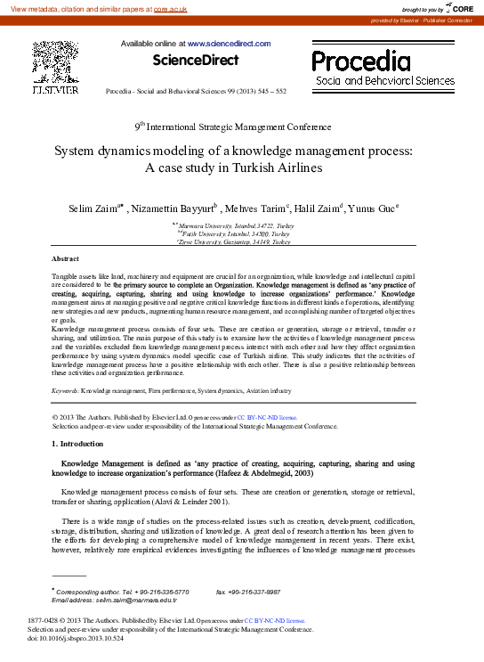 (PDF) System Dynamics Modeling of a Knowledge Management Process: A Case Study in Turkish Airlines
