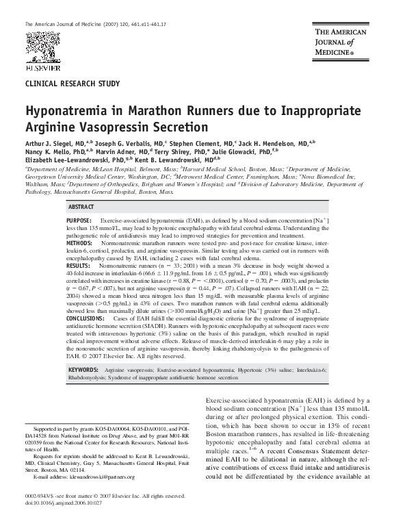 (PDF) Hyponatremia in Marathon Runners due to Inappropriate Arginine ...