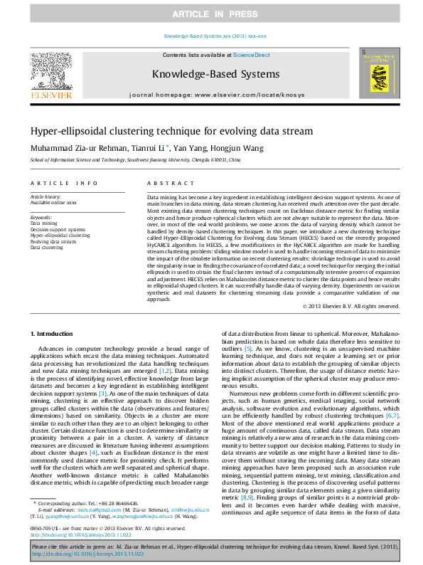 (PDF) Hyper-ellipsoidal clustering technique for evolving data stream