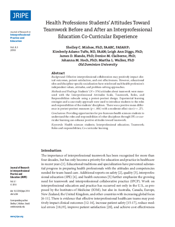 (PDF) Health Professions Students' Teamwork Before and After an ...