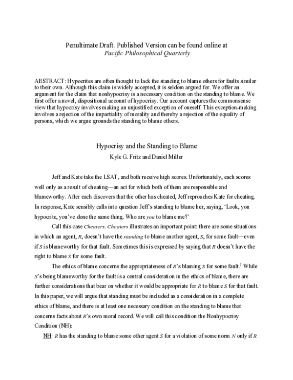 (PDF) Hypocrisy and the Standing to Blame