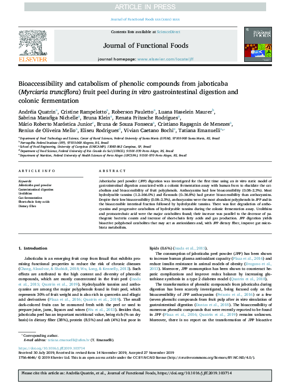 (PDF) Bioaccessibility and catabolism of phenolic compounds from jaboticaba (Myrciaria ...