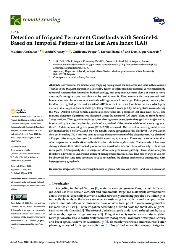 (PDF) Mapping Irrigated Grasslands Using Sentinel-2 LAI Patterns